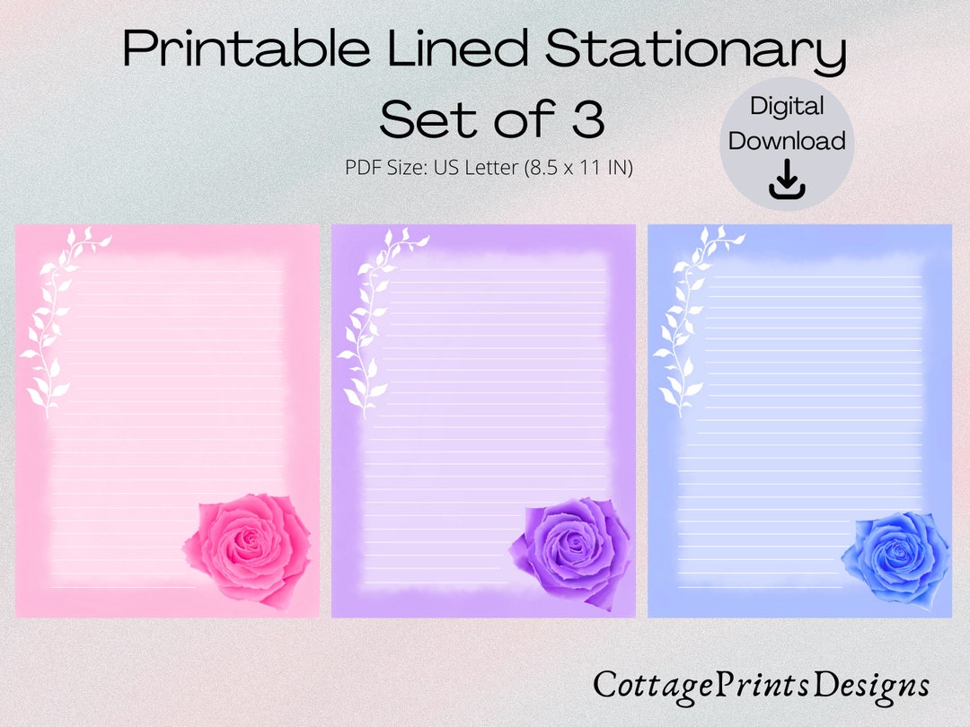 Rose Floral Stationary Set of 3 - Pink - Blue - Purple - Rose Botanical ...