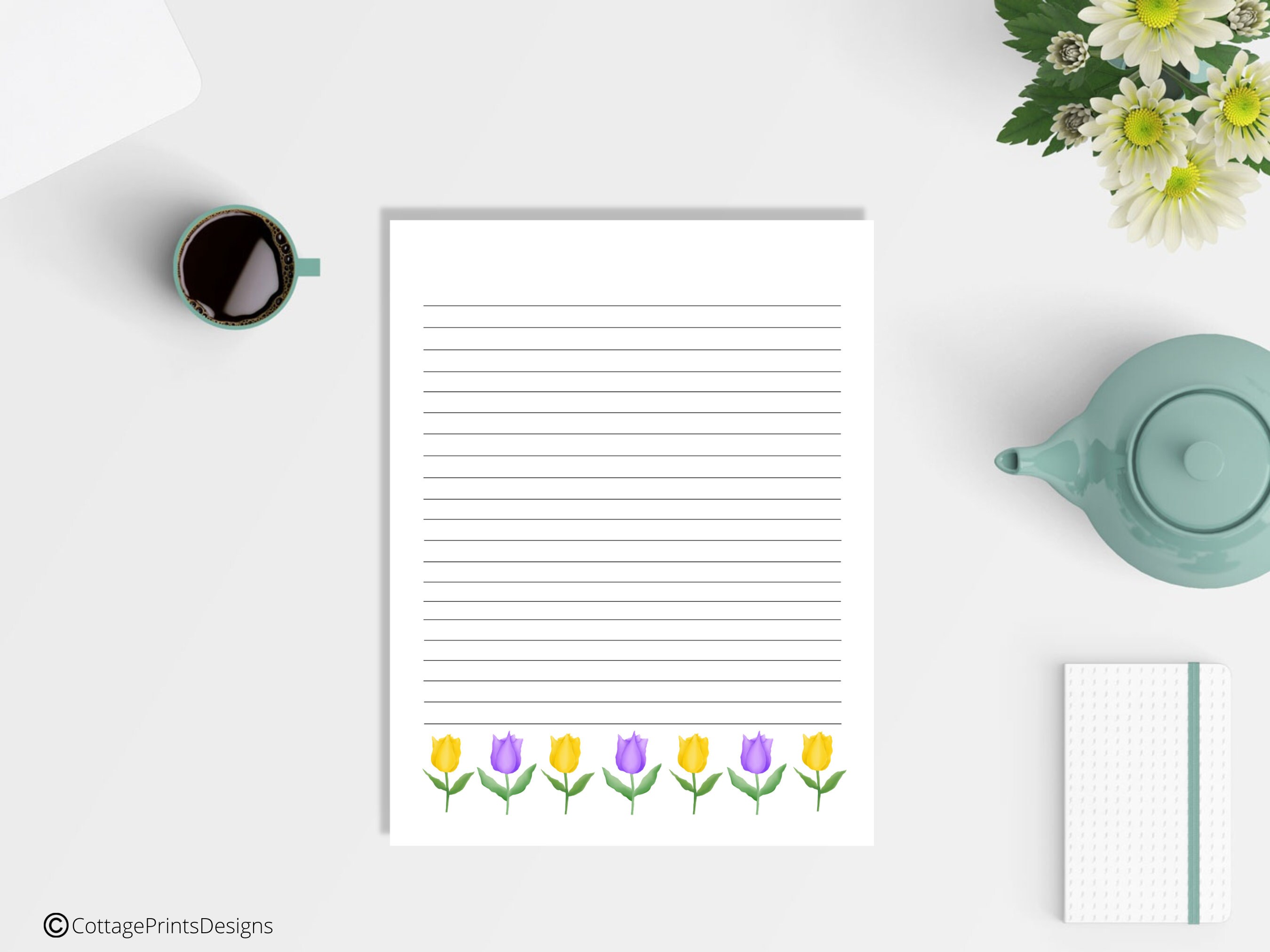 Yellow and Purple Tulip-themed Printable Stationary - Row of Tulips ...