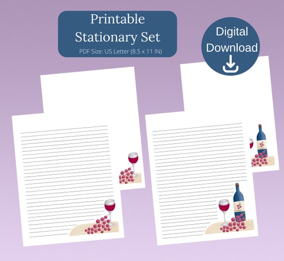 Wine and Grapes Printable Stationary Set Bottled Wine | Etsy