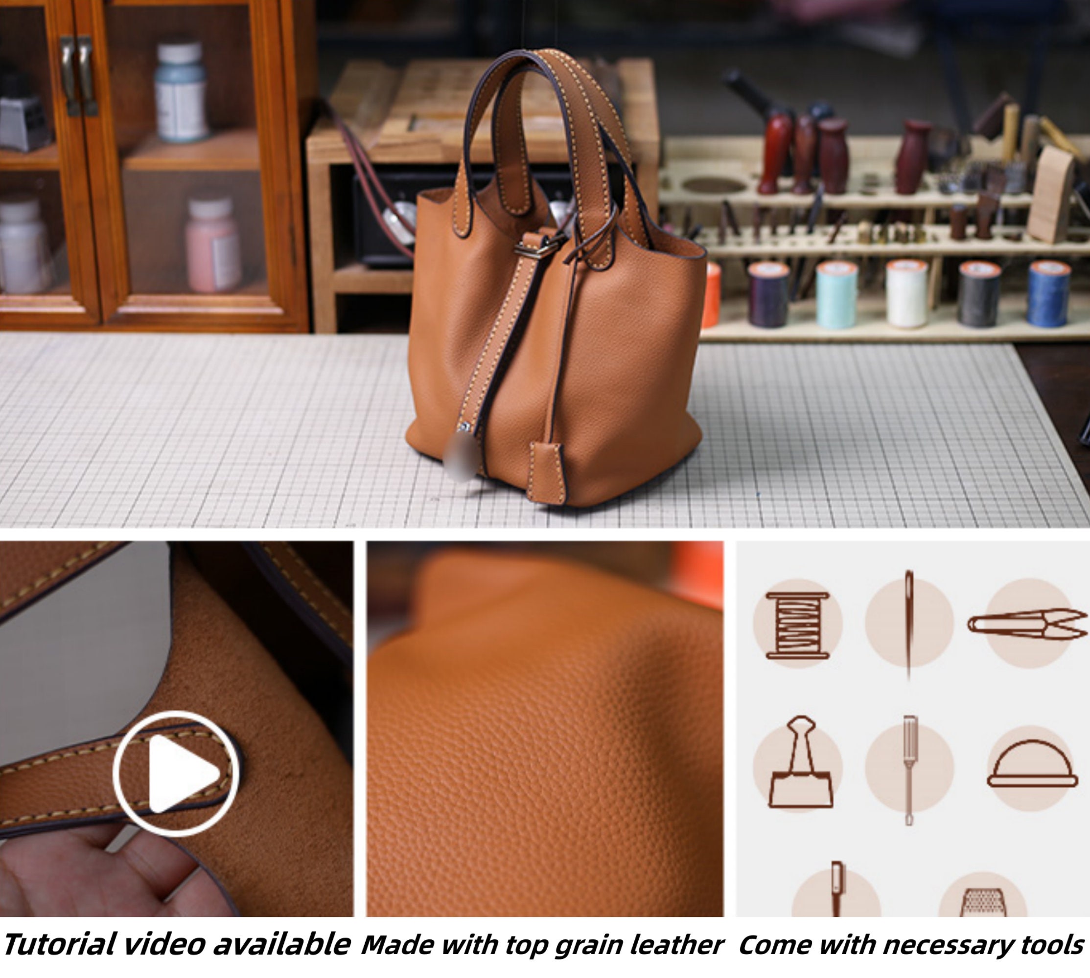 DIY Leather Bucket Bag Kit: Full-grain Leather, Tutorial Video - Etsy