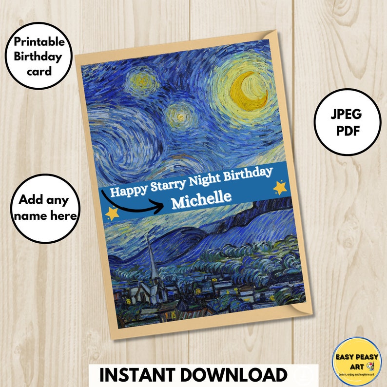 Van Gogh Birthday Card, 50th Birthday Card for Her, Starry Night Card ...