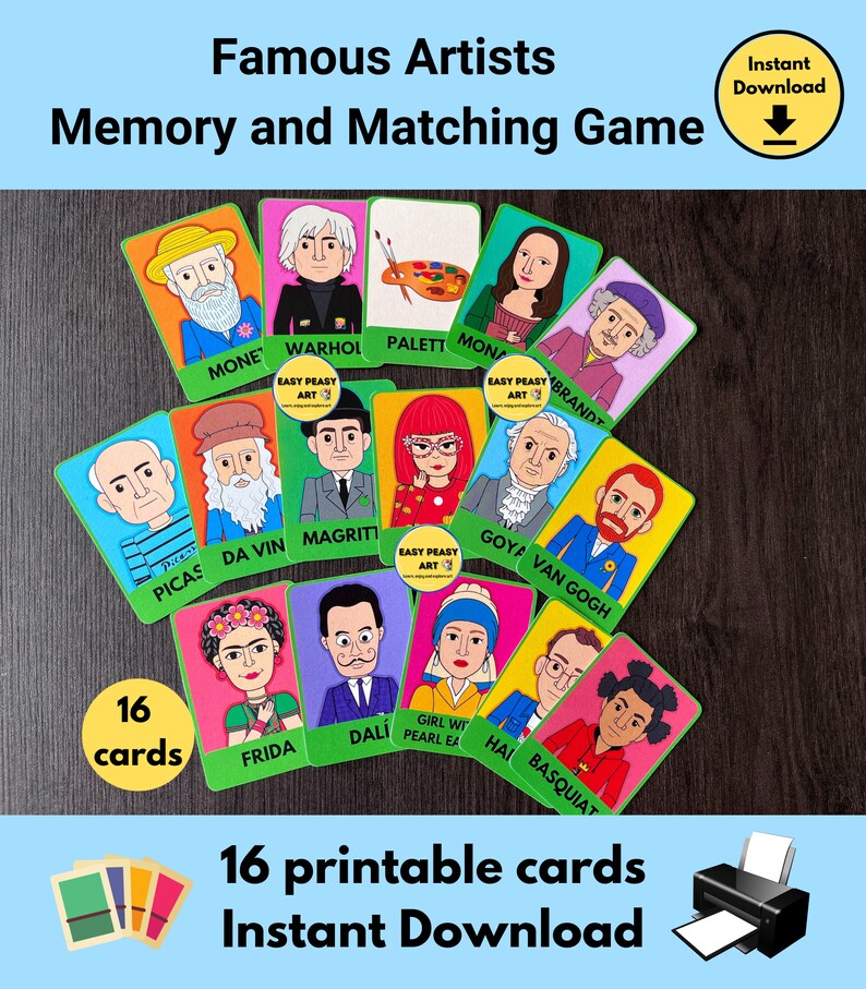 Art Teacher Printable, Art Memory Game for Kids, Matching Game for ...