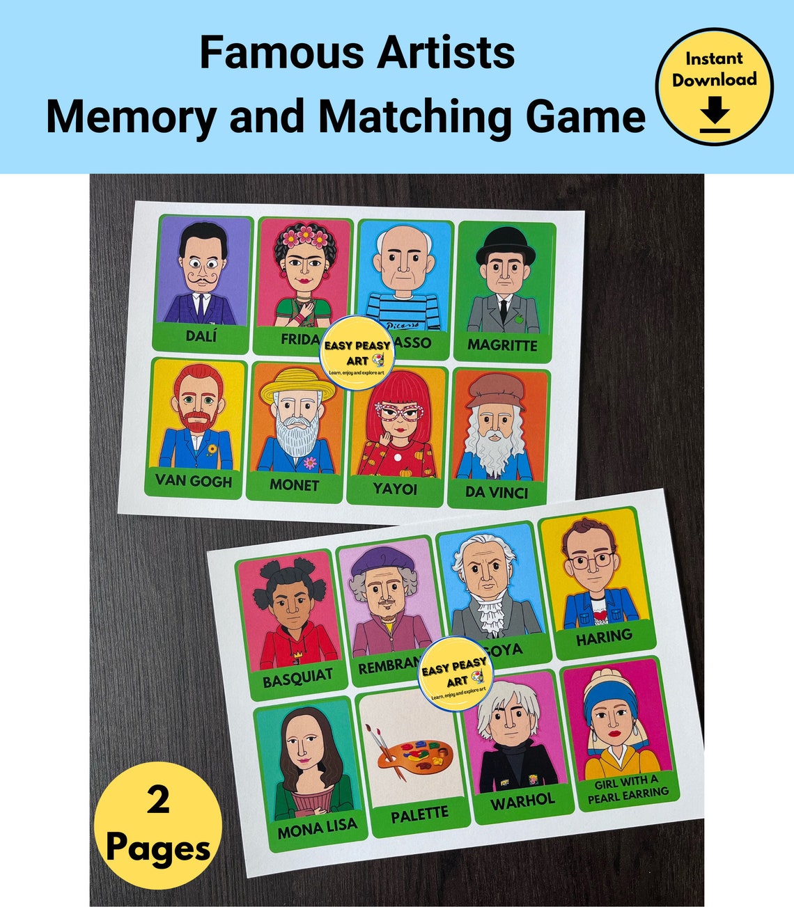 Art Teacher Printable, Art Memory Game for Kids, Matching Game for ...