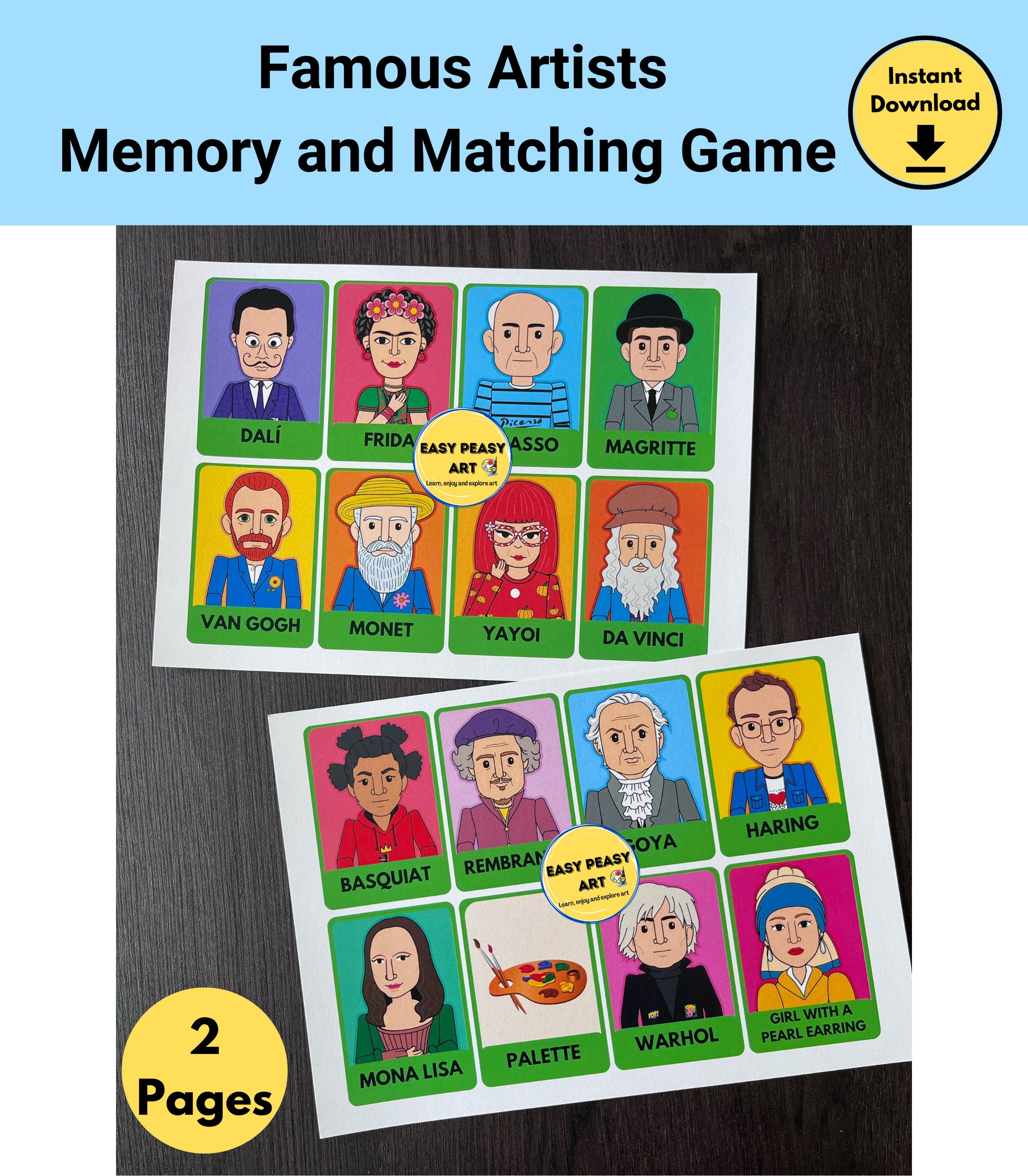 Art Teacher Printable, Art Memory Game for Kids, Matching Game for ...