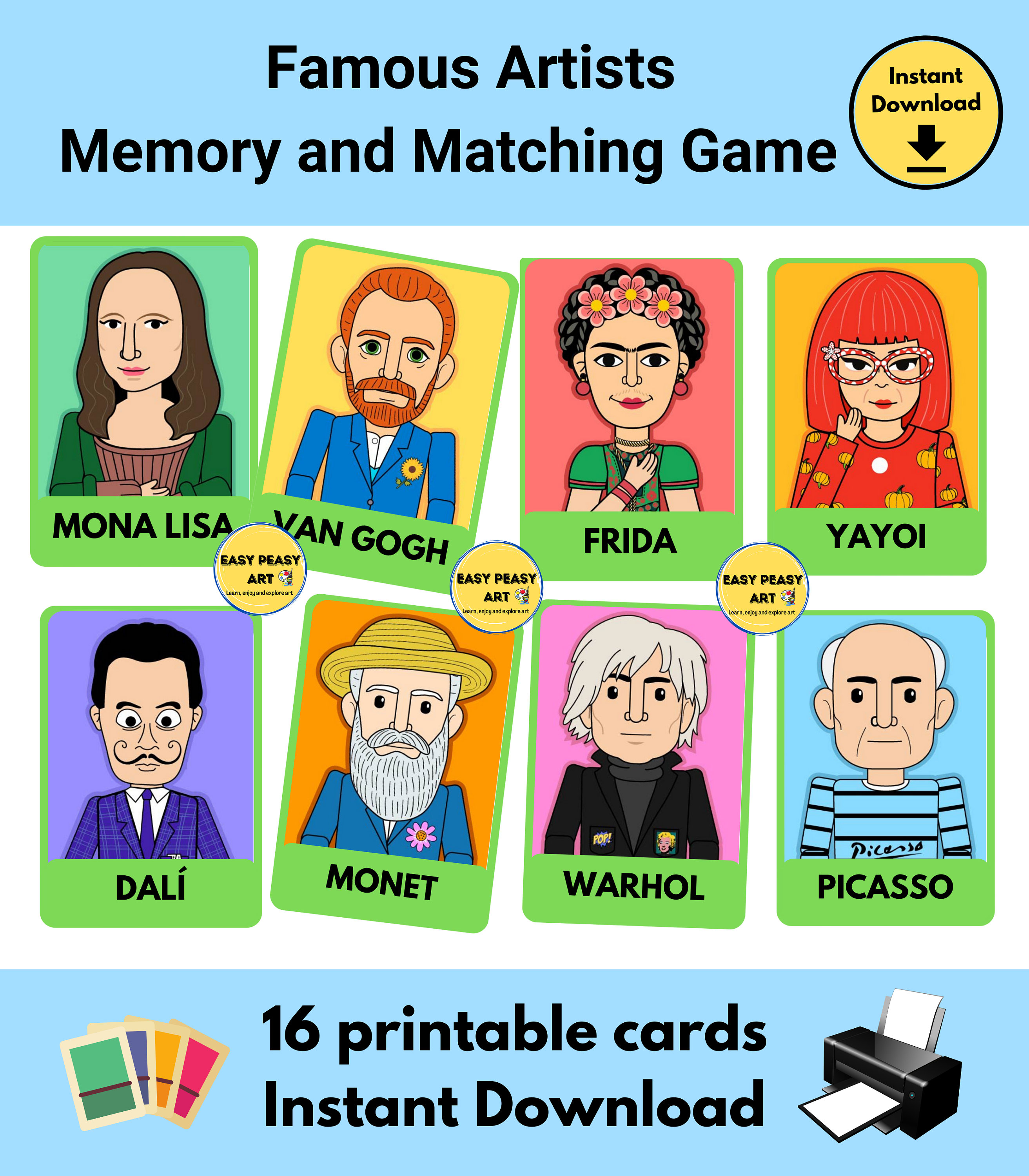 Art Teacher Printable, Art Memory Game for Kids, Matching Game for ...