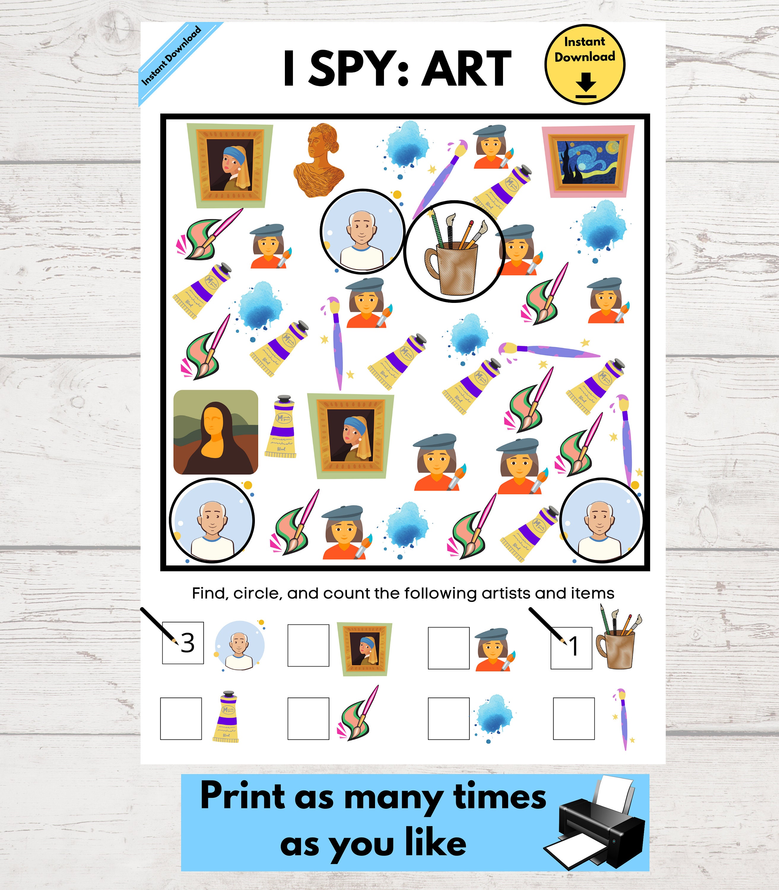 I Spy Art Printable, Look and Find Art Activity Sheet, I Spy for Kids ...