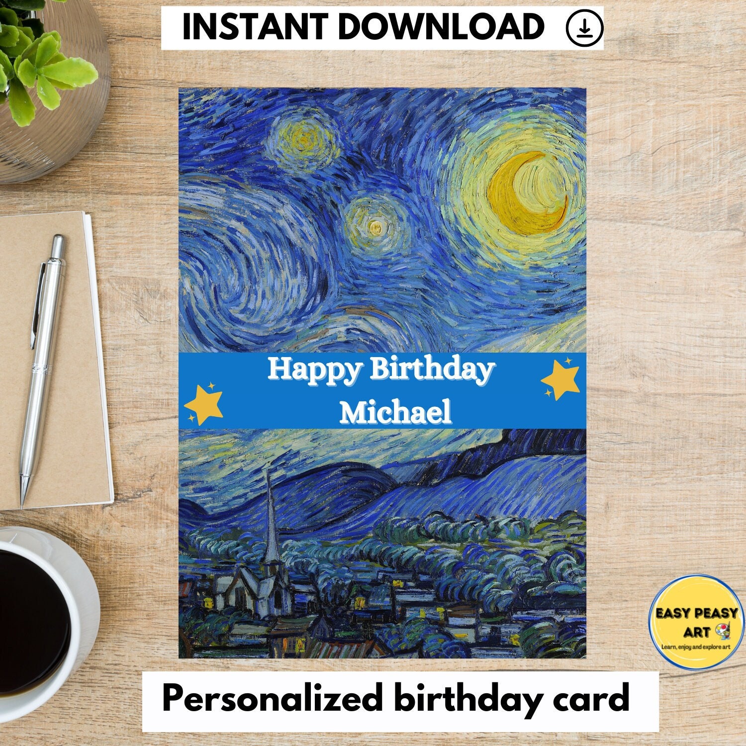 Starry Night Birthday Card Personalized, Vincent Van Gogh Card Digital ...