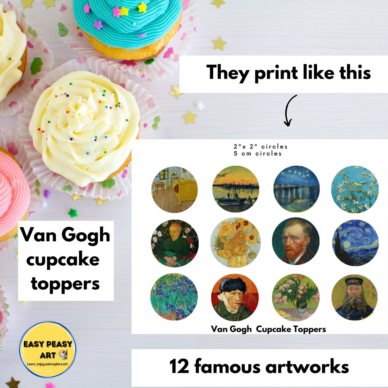 Van Gogh Cupcake Topper, Art Cupcake Toppers, Digital Download Cupcake ...