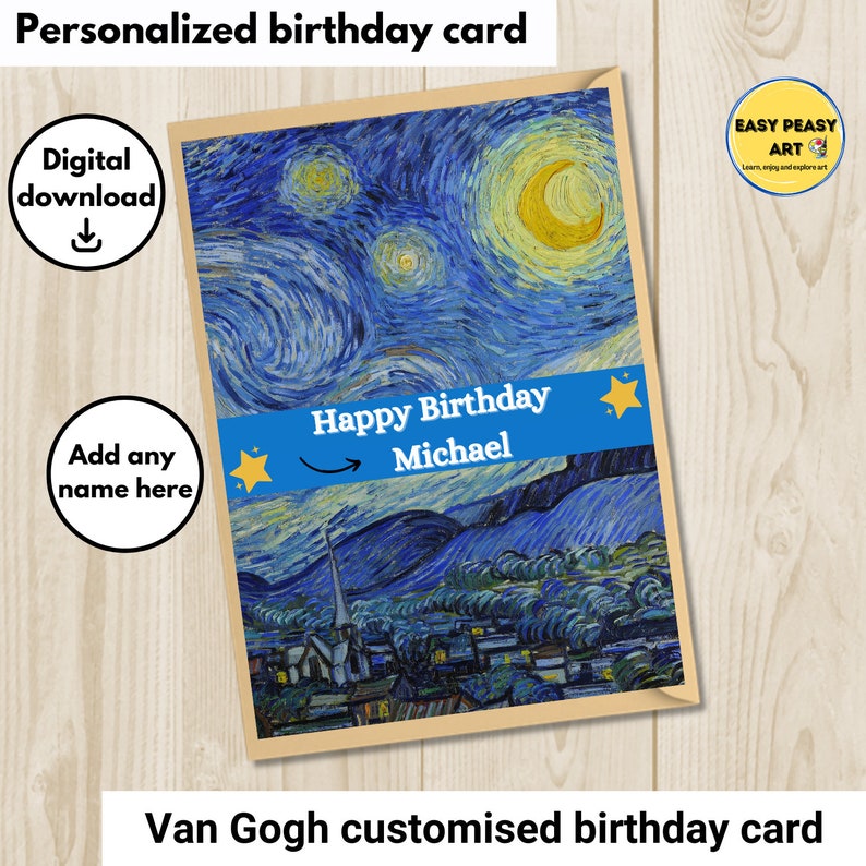 Starry Night Birthday Card Personalized, Vincent Van Gogh Card Digital ...