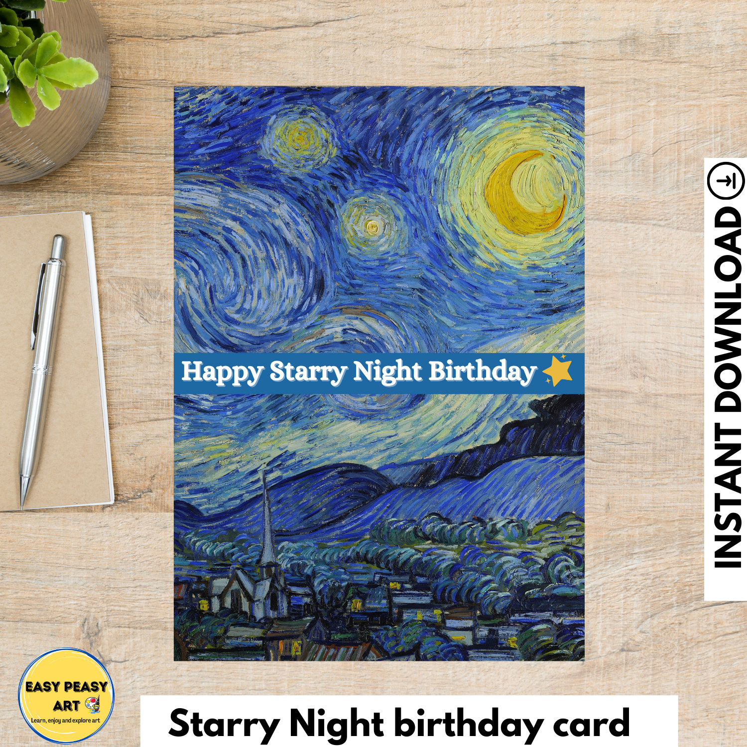 Vincent Van Gogh Birthday Card, Starry Night Card Digital Download ...