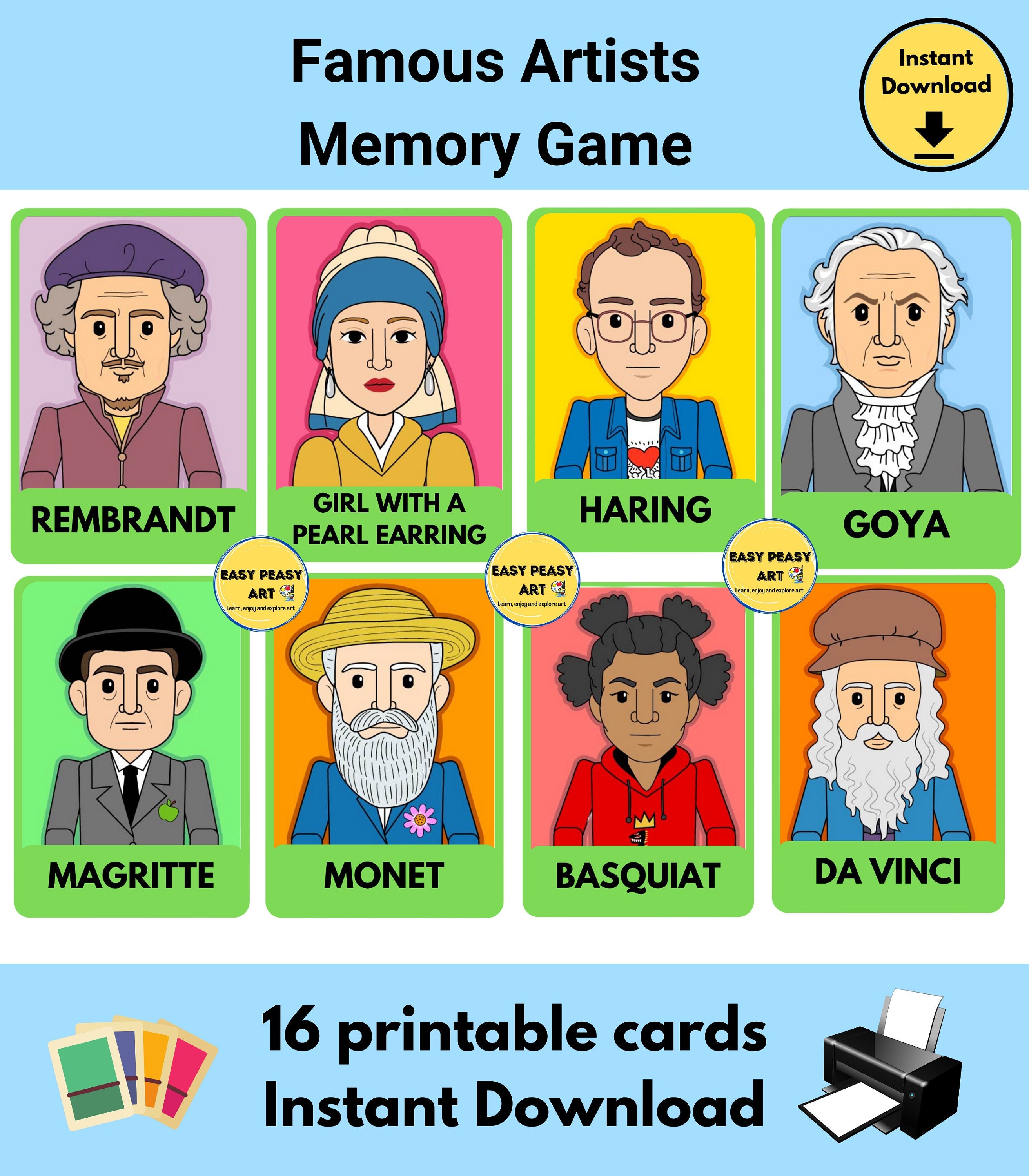 Art Teacher Printable, Art Memory Game for Kids, Matching Game for ...
