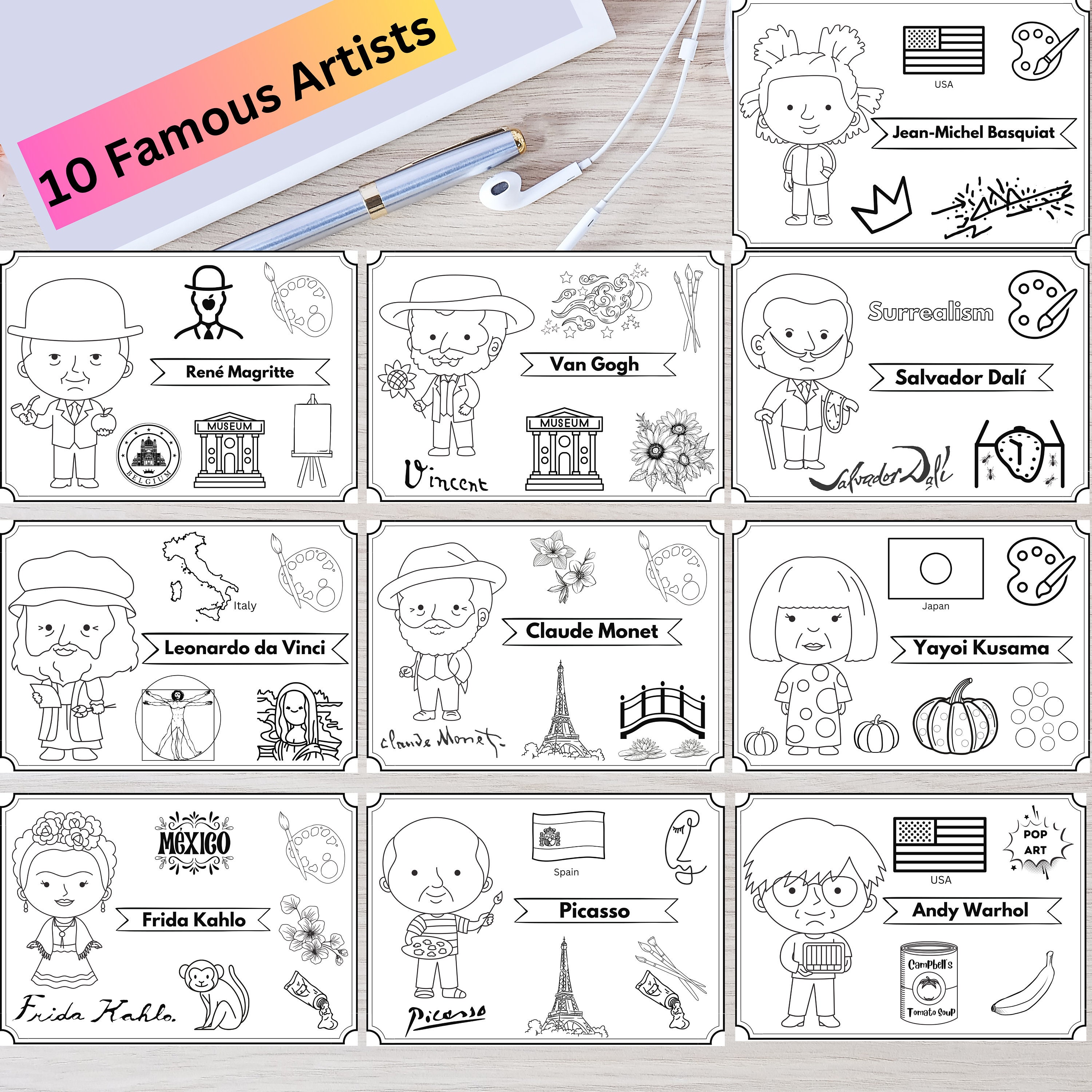 Famous Artists Coloring Pages, Art History for Kids, Montessori Famous ...