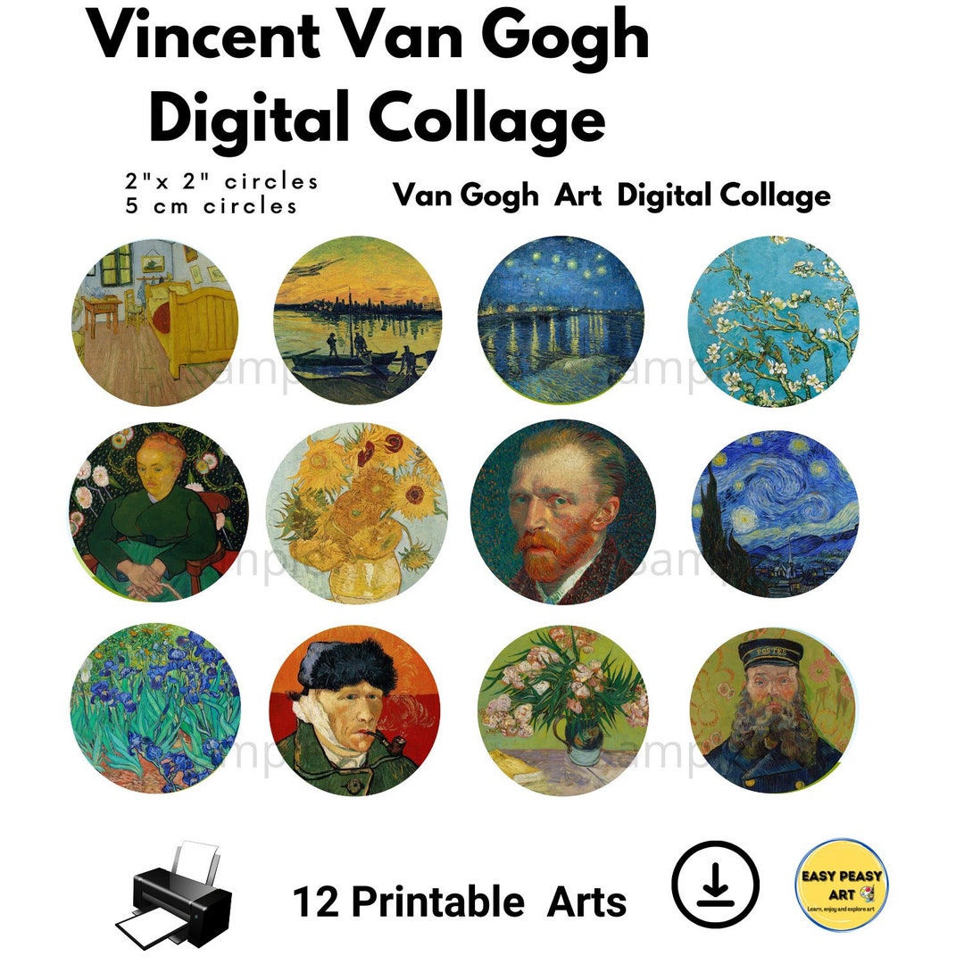 Van Gogh Digital Collage, Famous Paintings Prints Round Images, Van ...