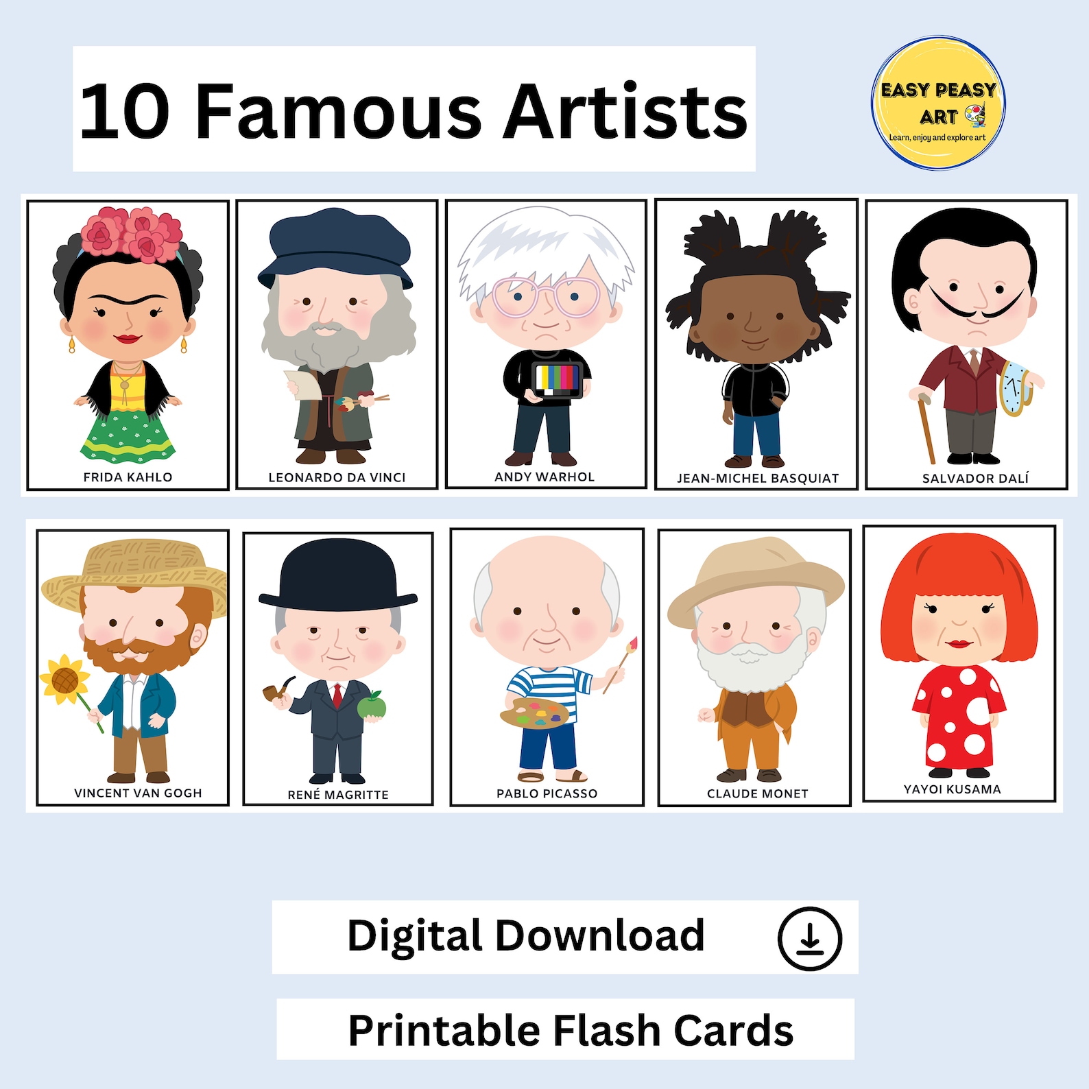 Art Card Printable, Art Class Flash Cards, Famous Artists Craft Cards ...