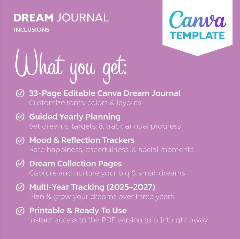 Editable Dream Journal Template | Canva Planner | Printable PDF | 3 ...