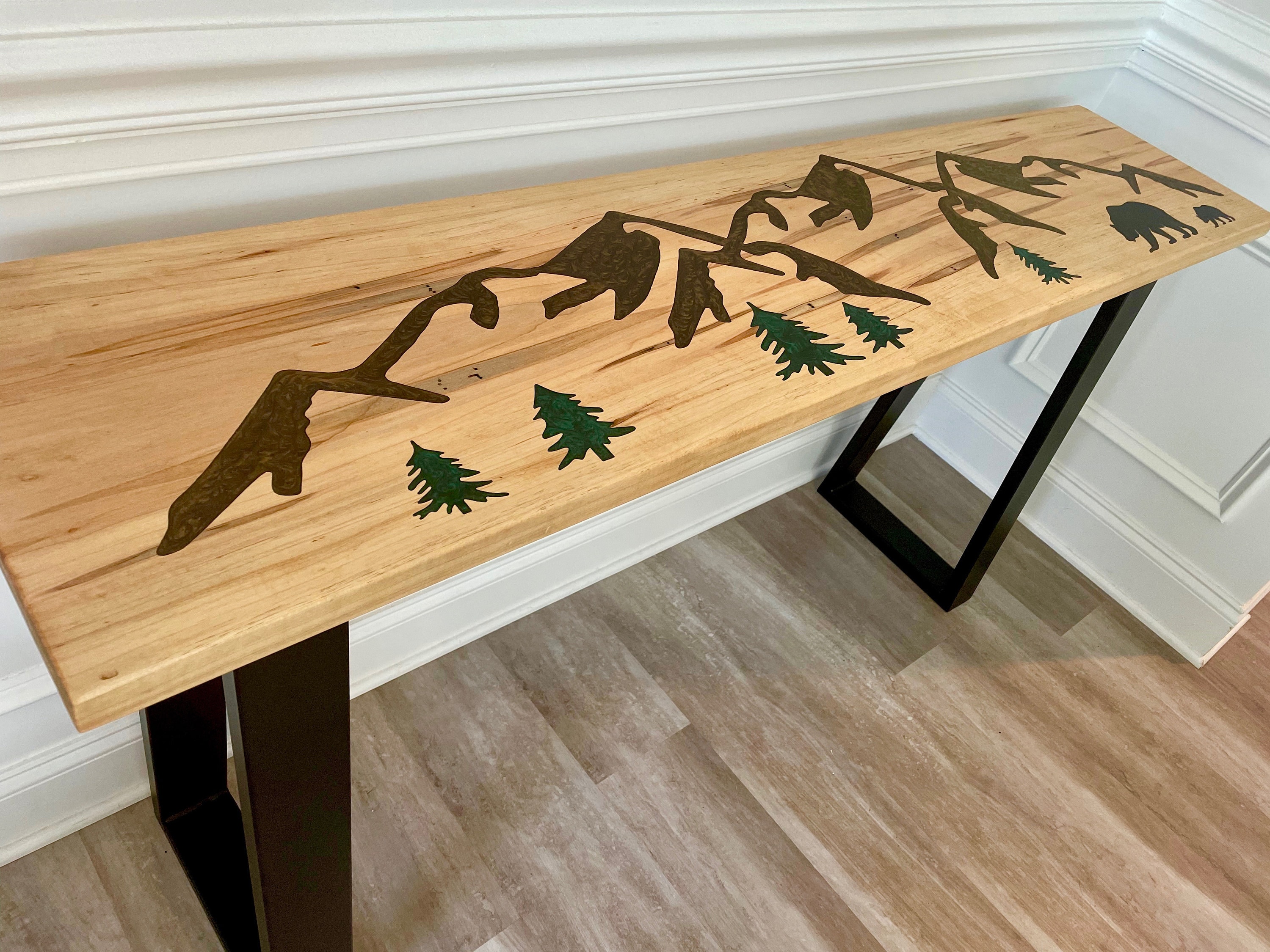 Epoxy Entryway Table, Console Table, Mountain Scene, Black Bear Table, Epoxy Inlay, Epoxy Art ...