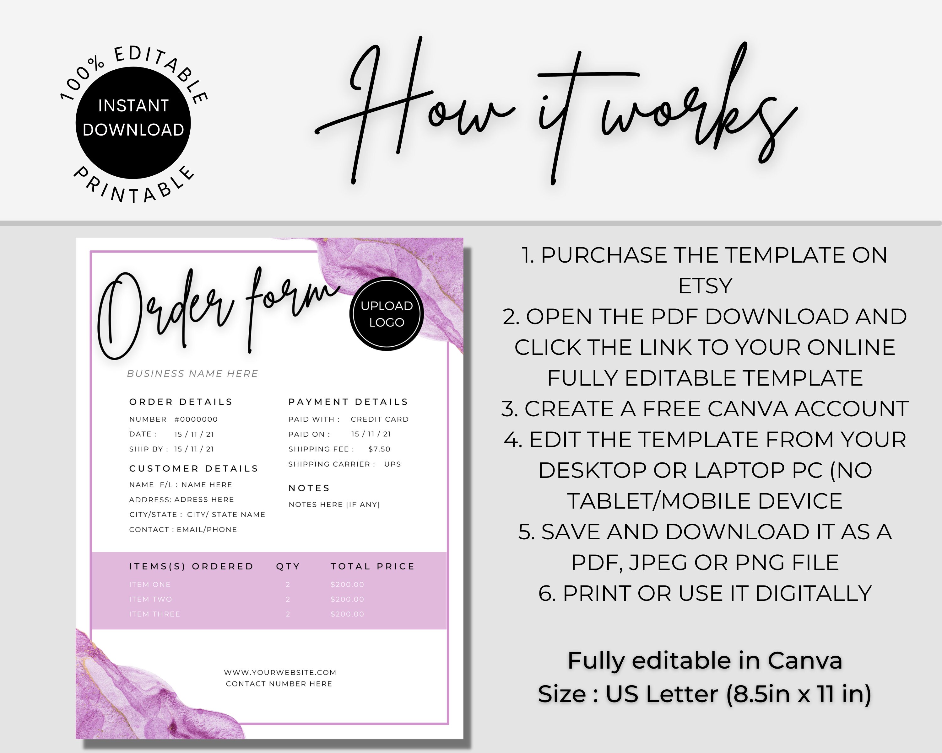 EDITABLE Order Form Template Hair Order Form Business Order - Etsy