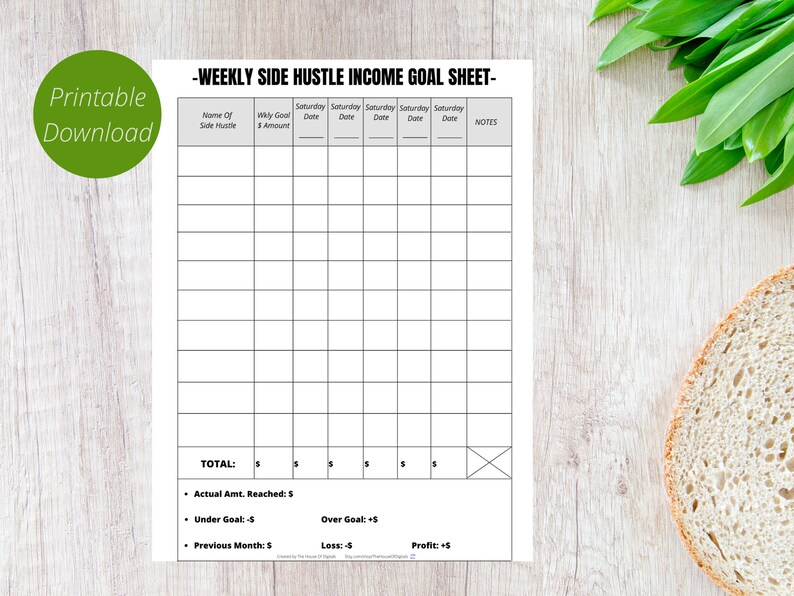 Weekly Side Hustle Income Goal Sheet - Printable Download - Digital ...