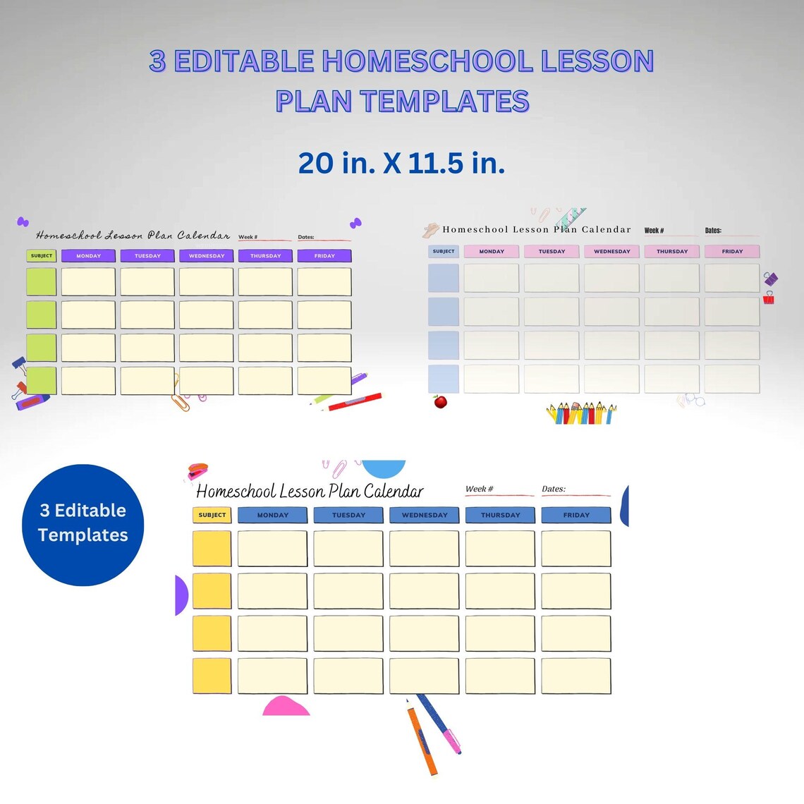 EDITABLE Homeschool Lesson Plan Calendar Templates for Teachers Daily ...