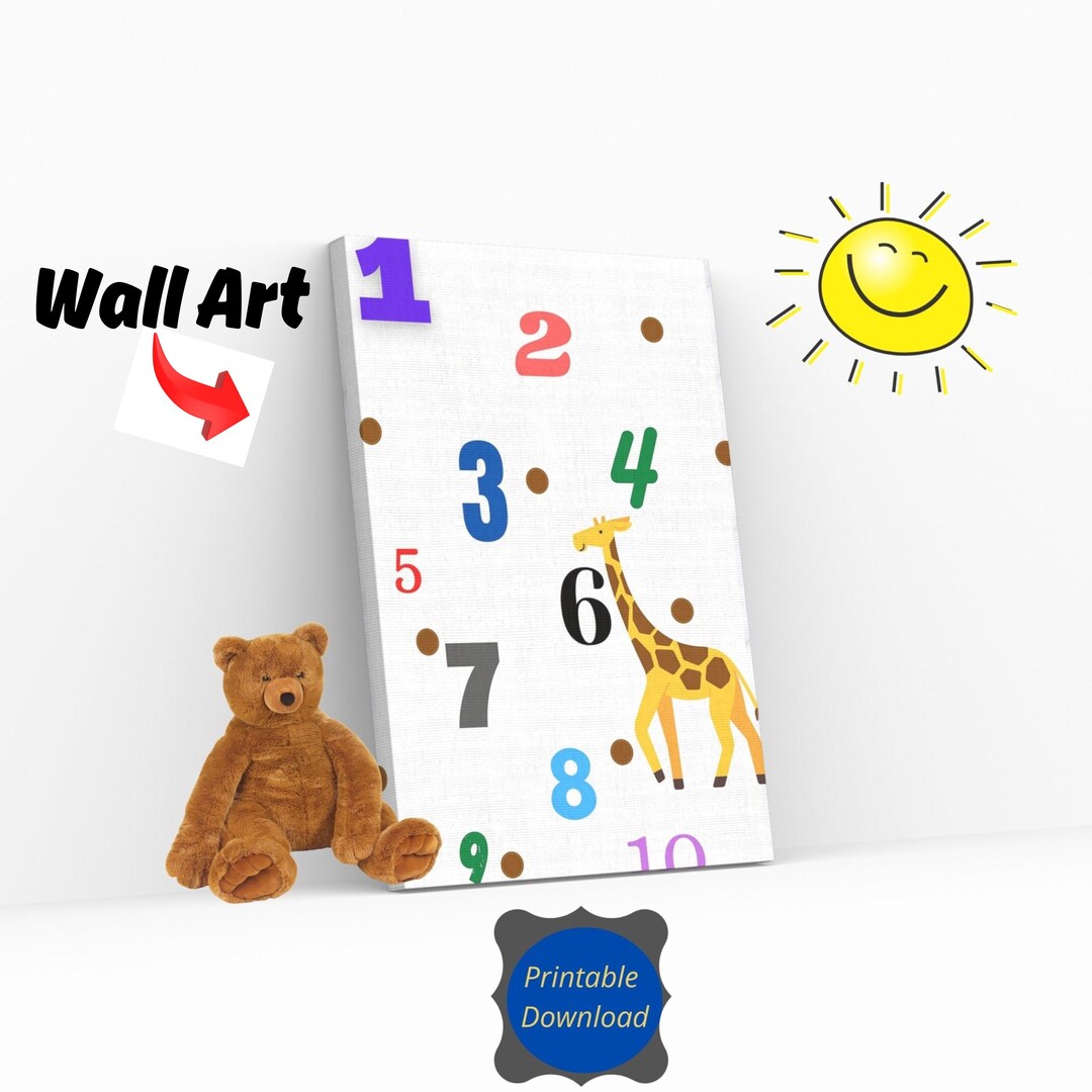 Animal Numbers Giraffe Wall Art Nursery Room Decor Educational Art ...