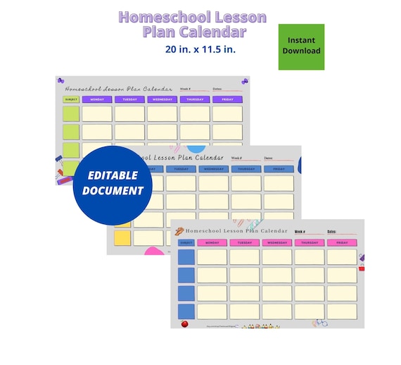 EDITABLE Homeschool Lesson Plan Calendar Fillable weekly | Etsy