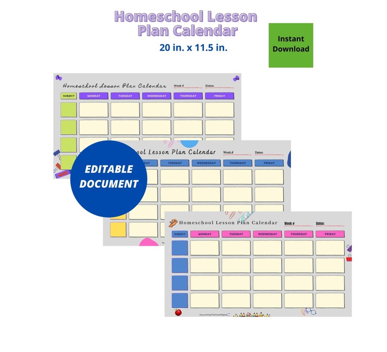 EDITABLE Homeschool Lesson Plan Calendar Fillable weekly Schedule ...