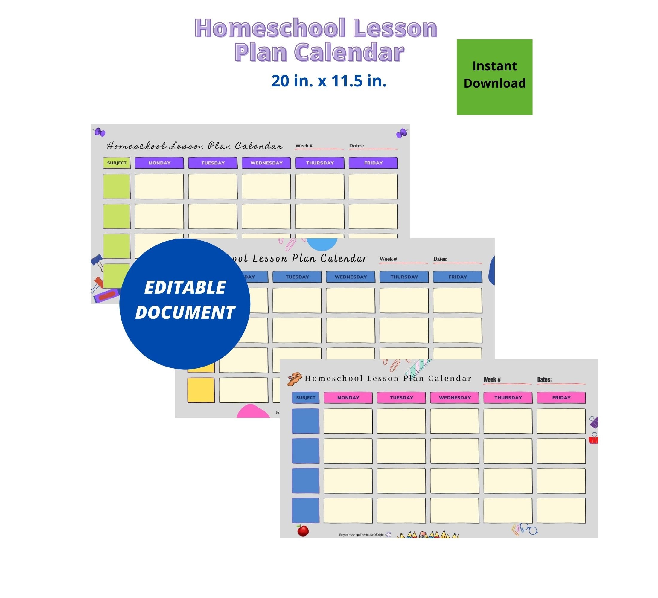 EDITABLE Homeschool Lesson Plan Calendar Fillable weekly - Etsy Canada