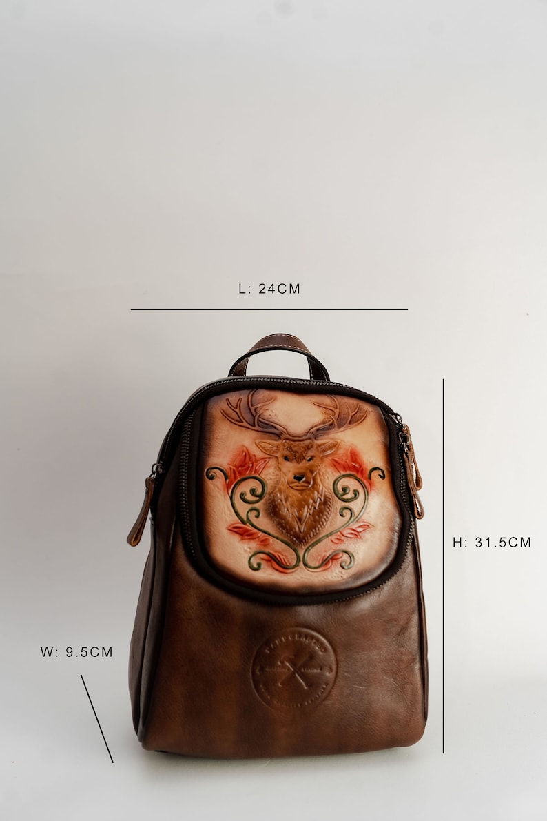 Artisan Carved Deer & Floral Leather Backpack Womens Brown Rucksack ...
