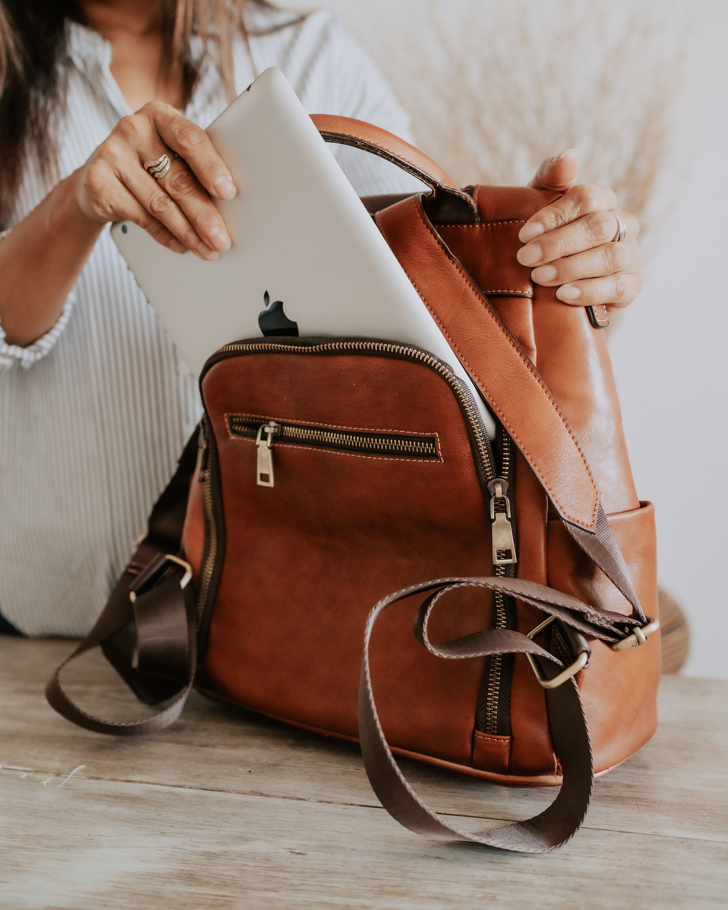 Chic Tan Leather Backpack for Women Vintage-inspired - Etsy