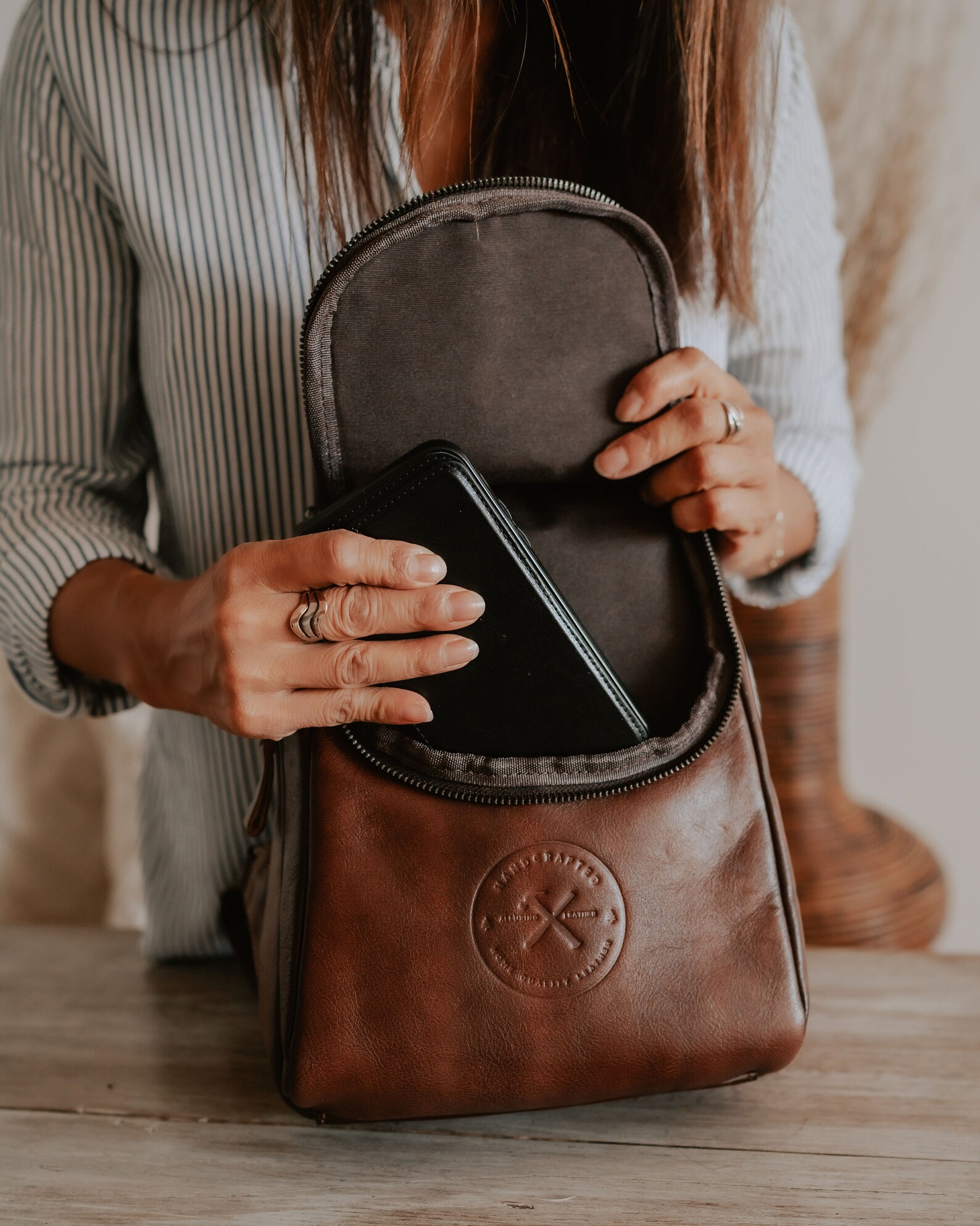 Artisan Brown Leather Backpack - Handcrafted With Embossed Stag ...
