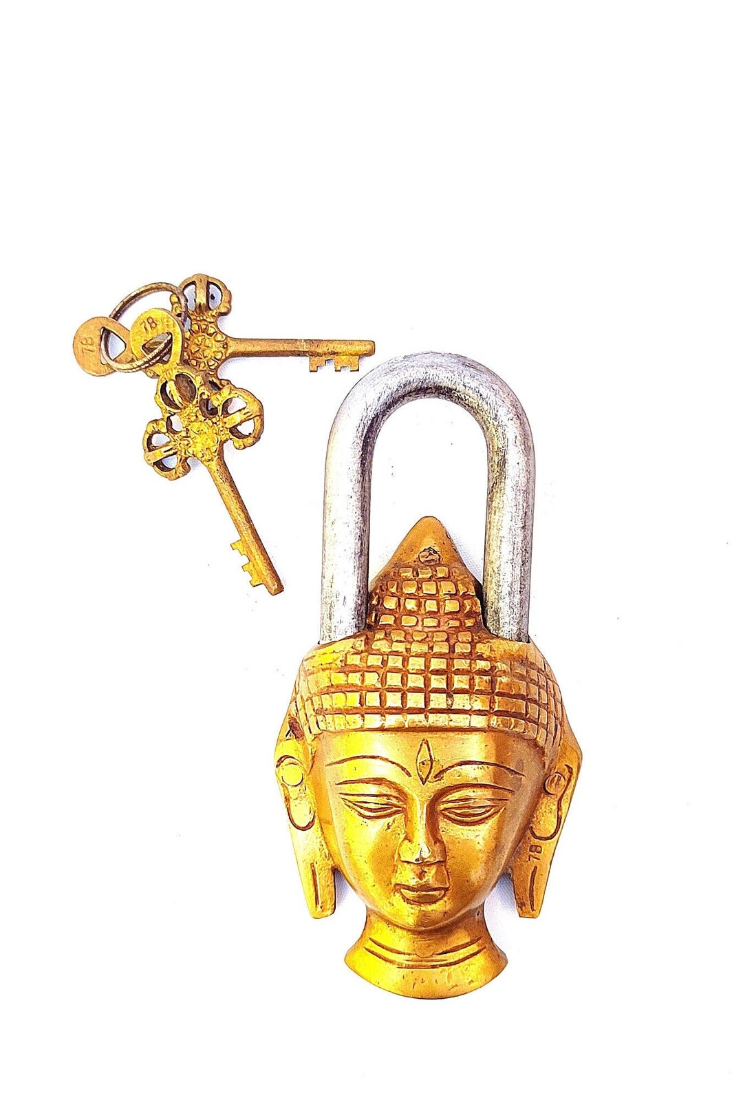 Buddha Head Shaped Brass Hand Made Pad Lock With Two Keys Vintage ...