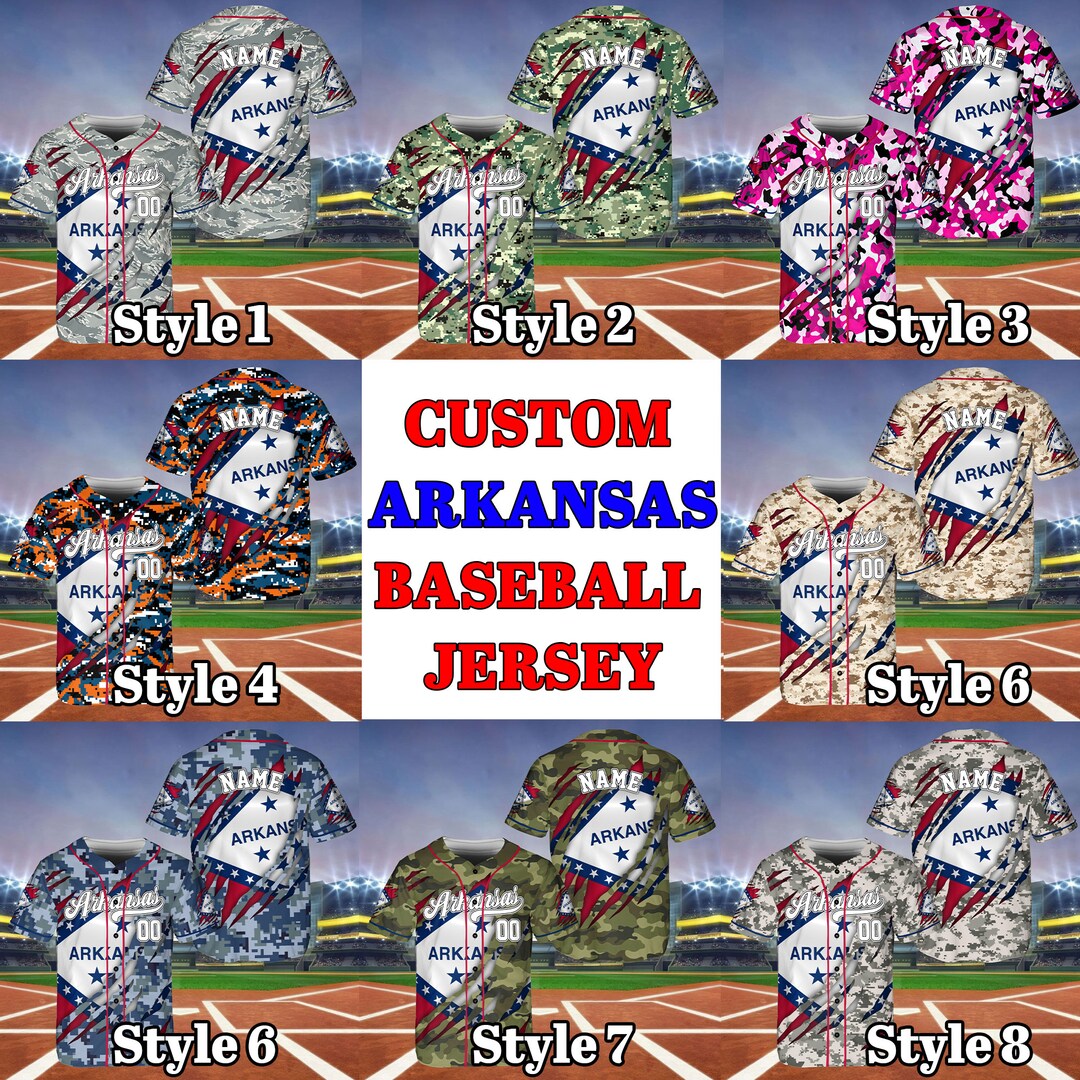 Personalized Arkansas State Flag Baseball Jersey, Arkansas State Camo ...