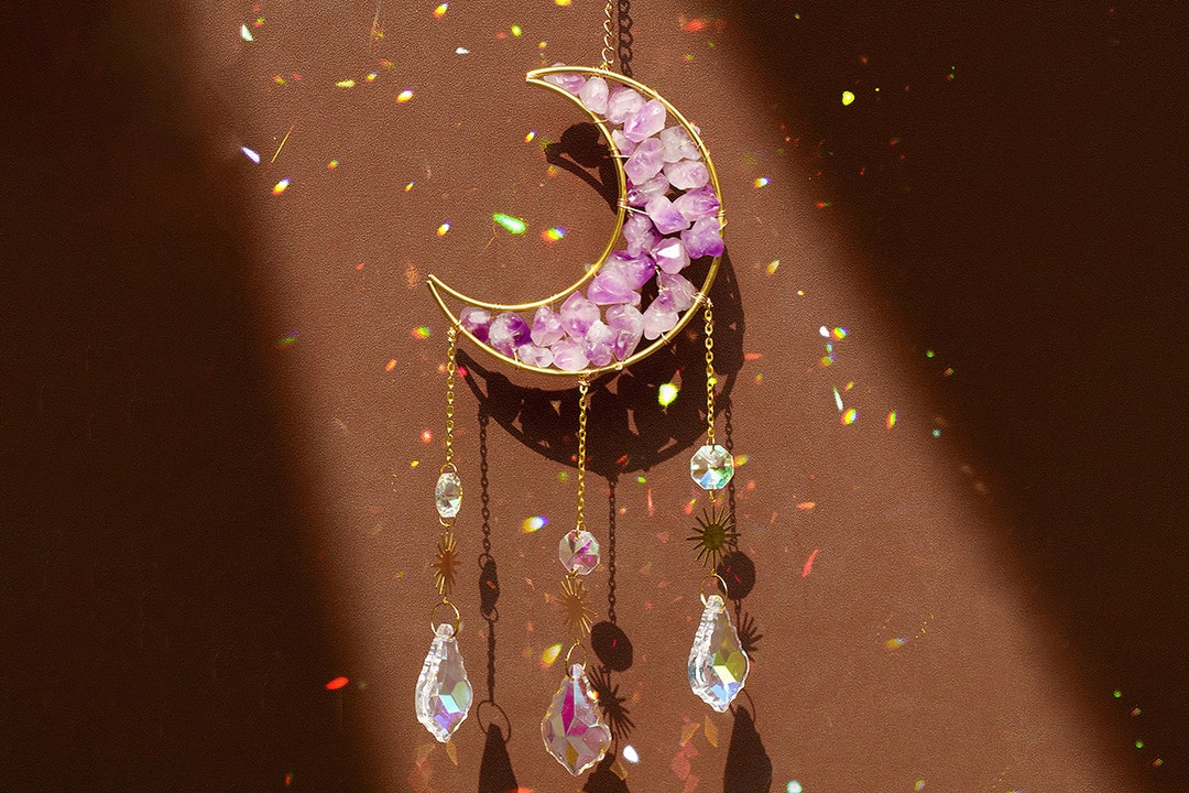 Amethyst Suncatcher, Moon Wind Chime, Aurora Gemstone Suncatcher ...
