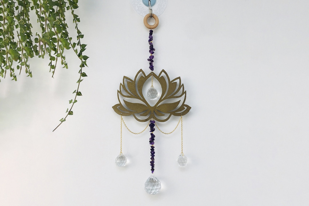 Amethyst Lotus Suncatcher, Golden Lotus Wind Chime, Yoga Wind Chime ...