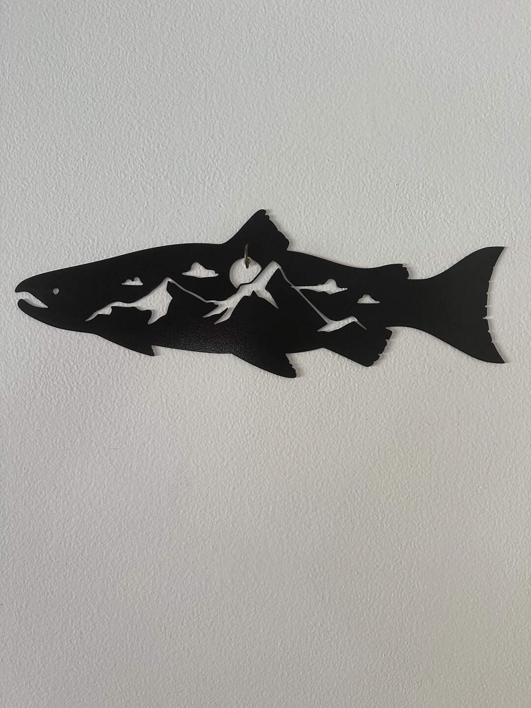 Metal Fish Shape Sign With Mountain Scene – Rustic Nature Decor ...