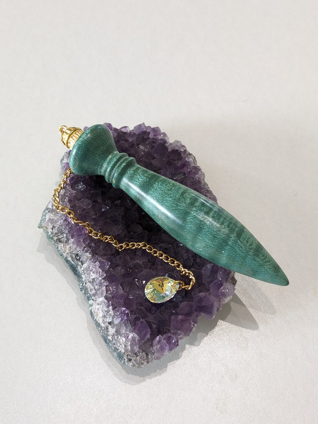 Dowsing Pendulum in Green Stabilized Wavy Maple Wood, Crystal Charm ...