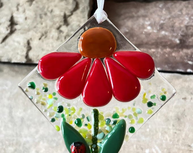 Fused Glass Red Flower Suncatcher: Whimsical Garden Art With Ladybug - Etsy