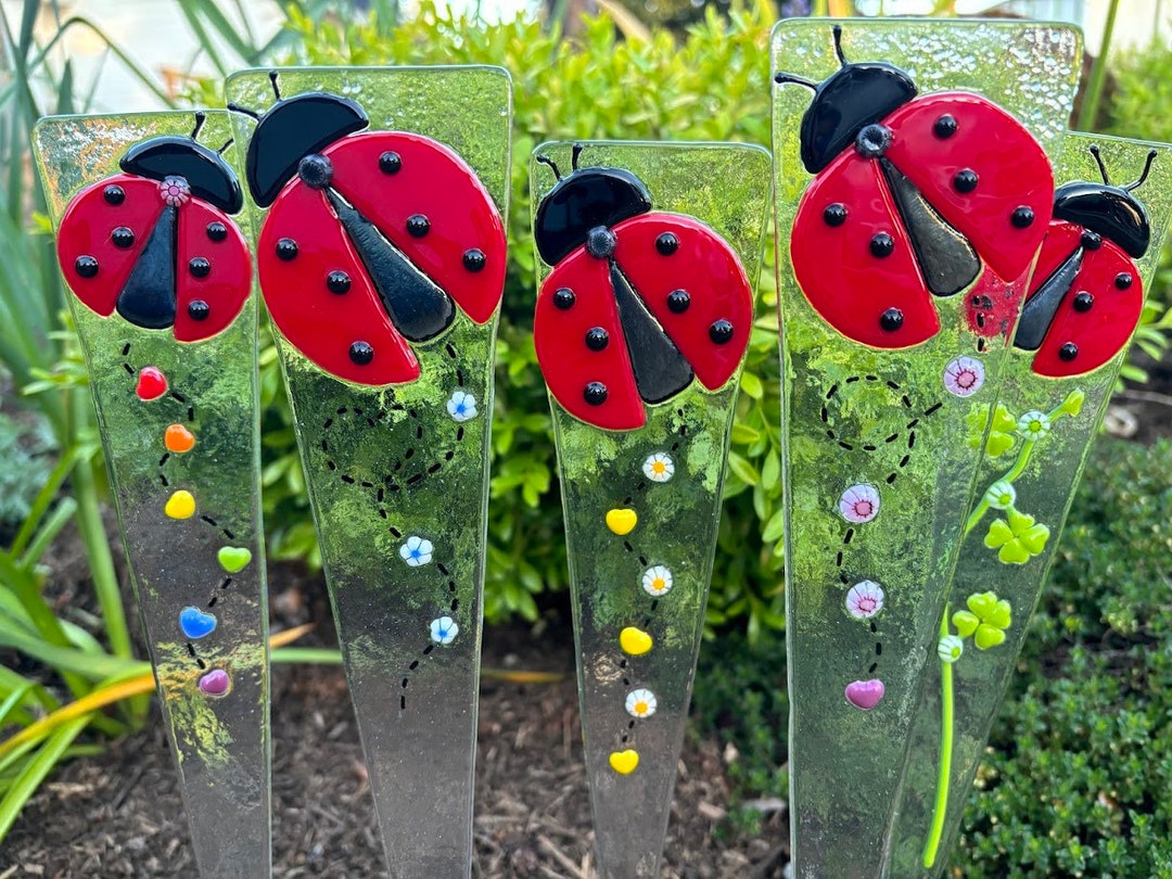 Fused Glass Ladybug Plant Stake, Flower Stake, Ladybug in Flight ...