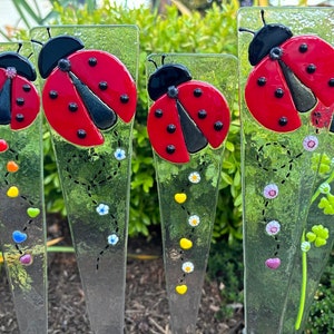 Fused Glass Ladybug Plant Stake, Flower Stake, Ladybug in Flight ...