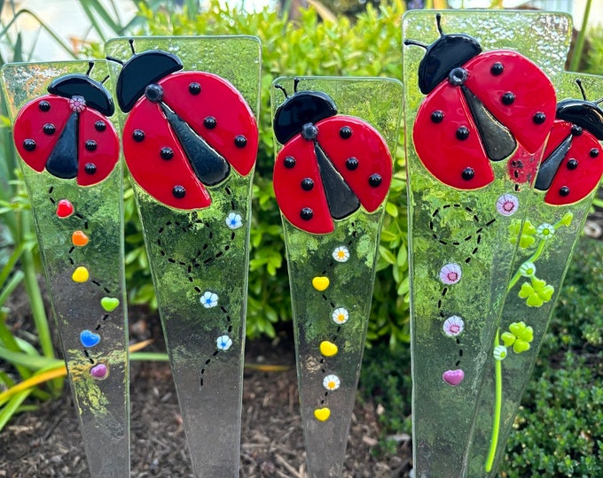 Fused Glass Ladybug Plant Stake, Flower Stake, Ladybug in Flight ...