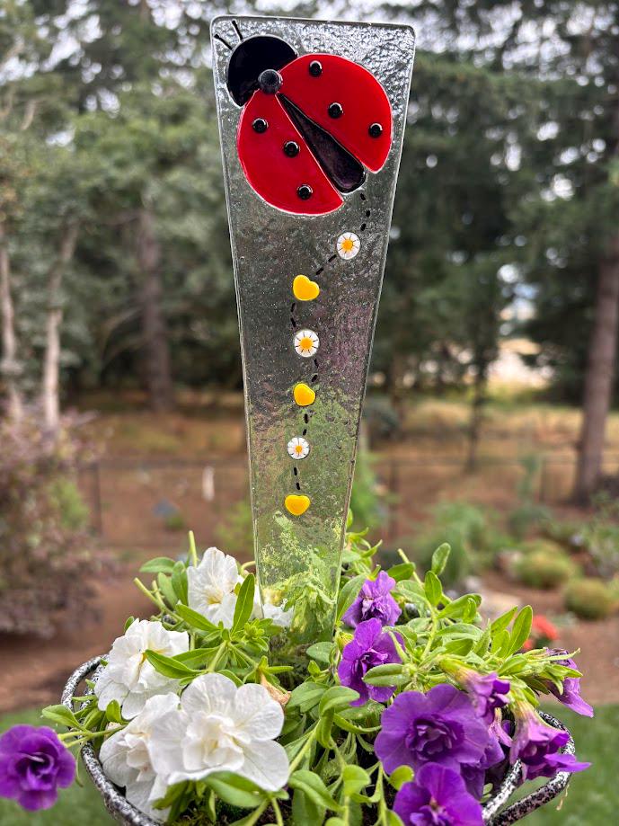 Fused Glass Ladybug Plant Stake, Flower Stake, Ladybug in Flight ...