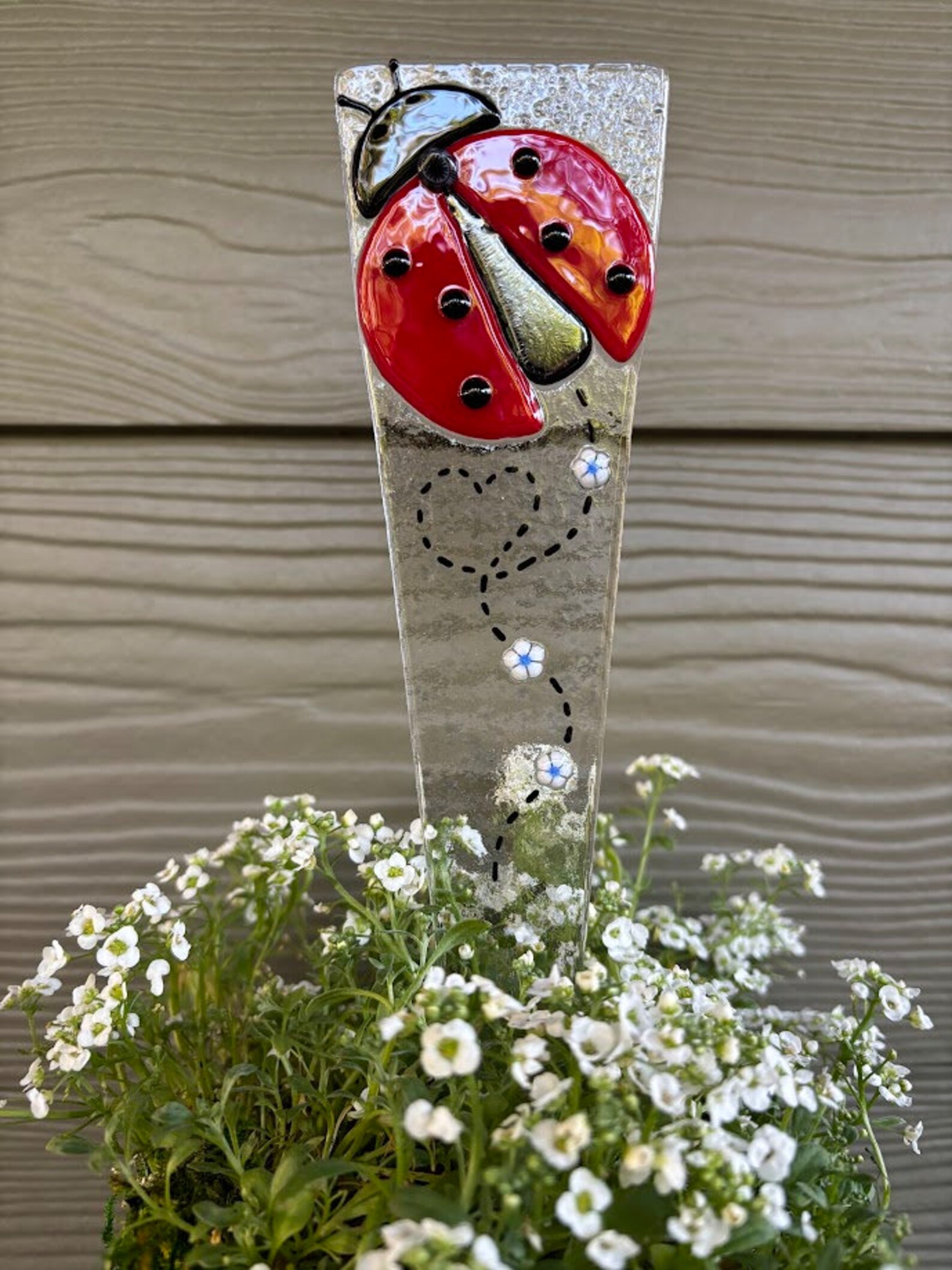 Fused Glass Ladybug Plant Stake, Flower Stake, Ladybug in Flight ...