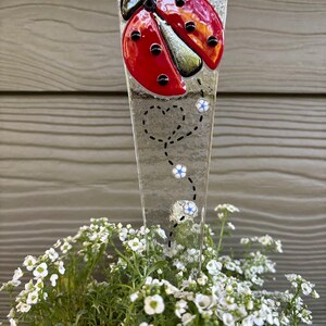Fused Glass Ladybug Plant Stake, Flower Stake, Ladybug in Flight ...