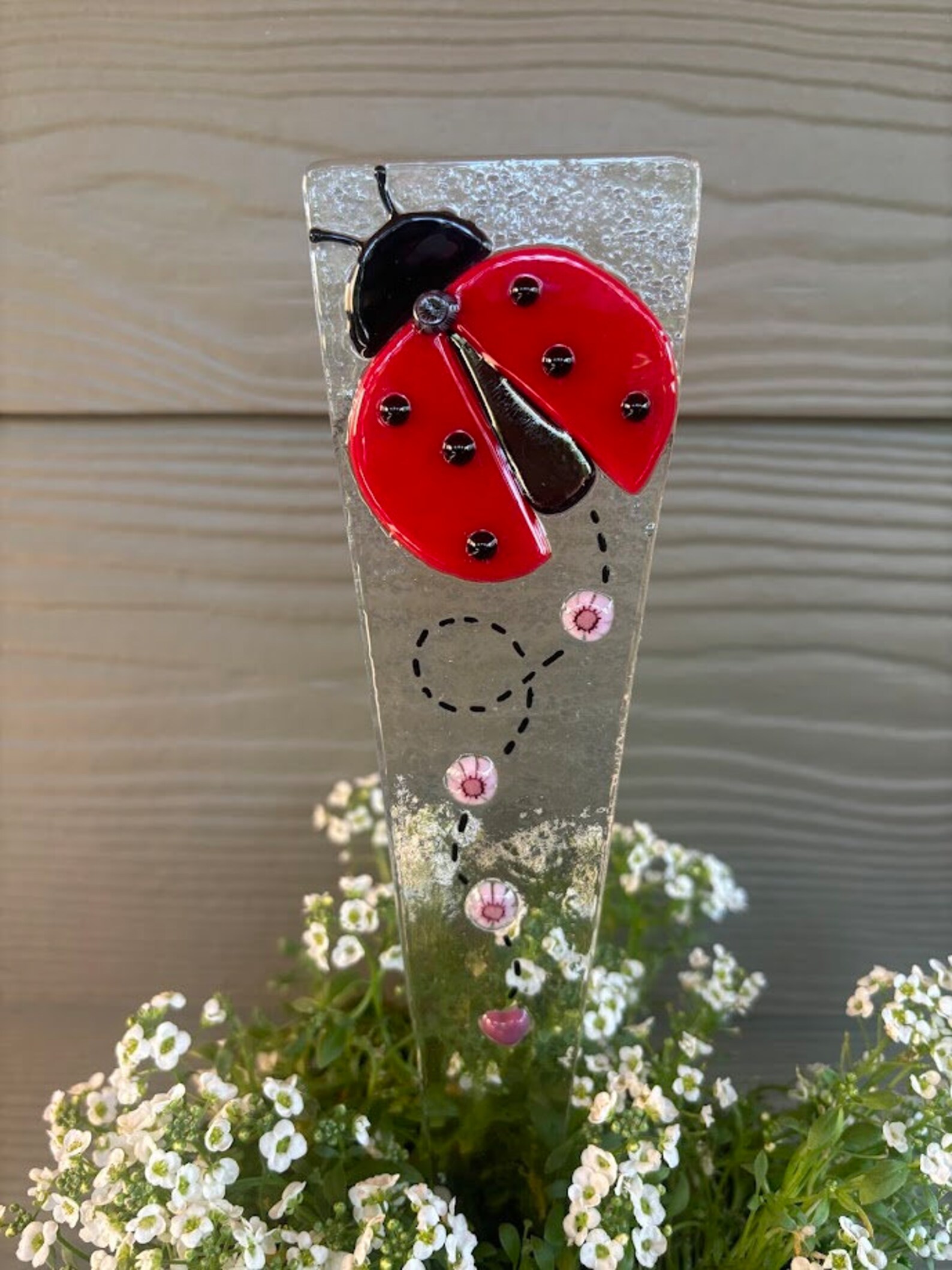 Fused Glass Ladybug Plant Stake, Flower Stake, Ladybug in Flight ...