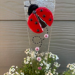 Fused Glass Ladybug Plant Stake, Flower Stake, Ladybug in Flight ...