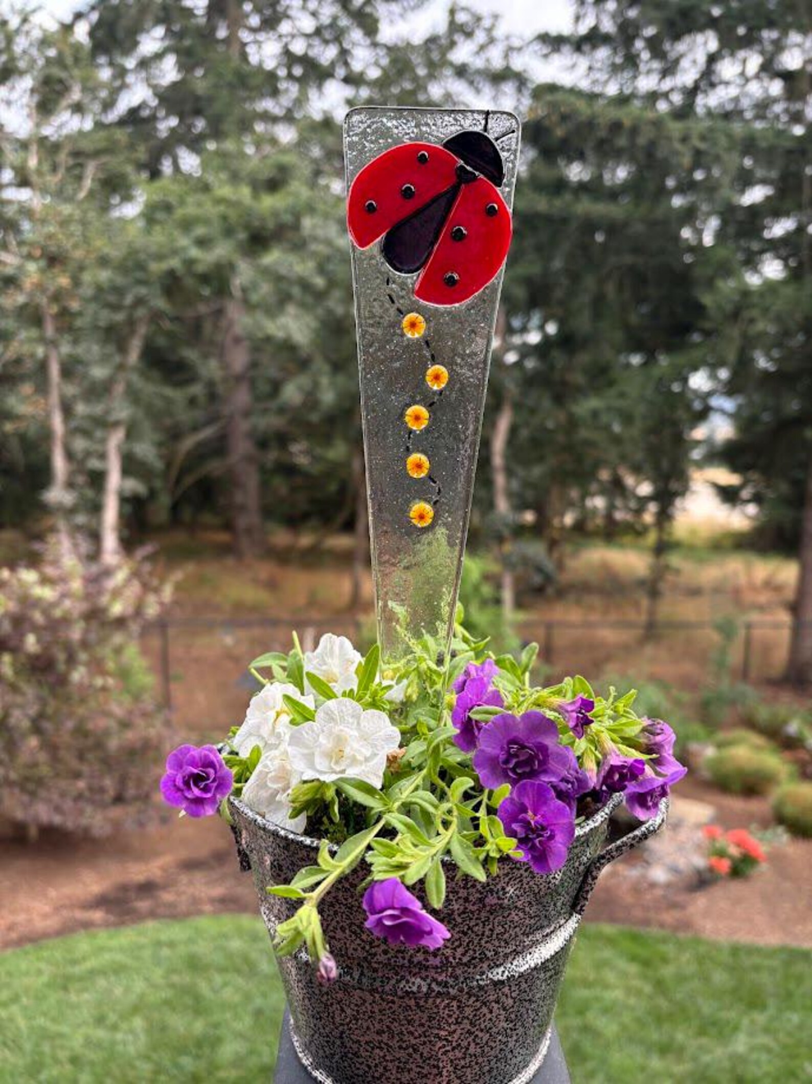 Fused Glass Ladybug Plant Stake, Flower Stake, Ladybug in Flight ...