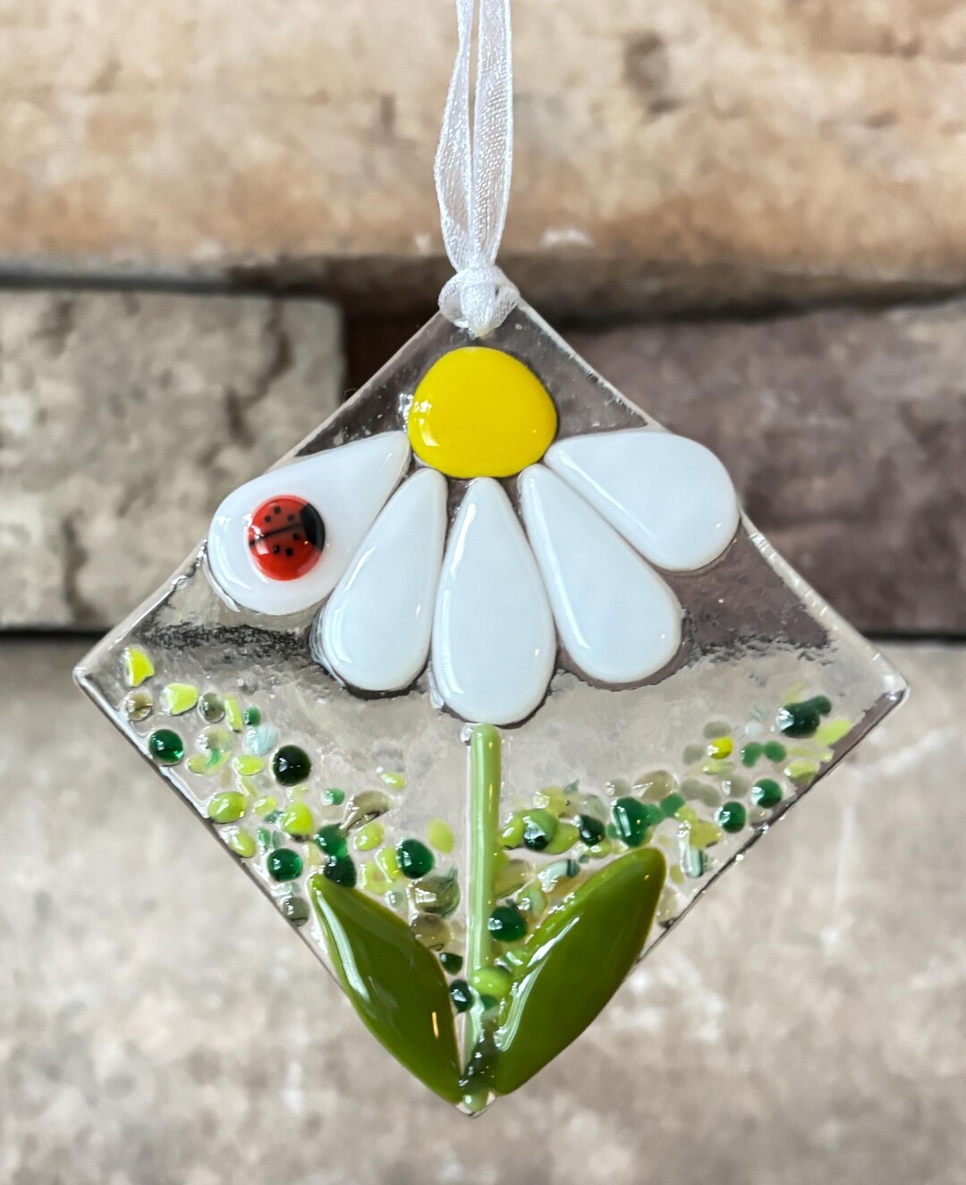 Fused Glass Daisy Suncatcher: Whimsical Garden Art With Ladybug - Etsy