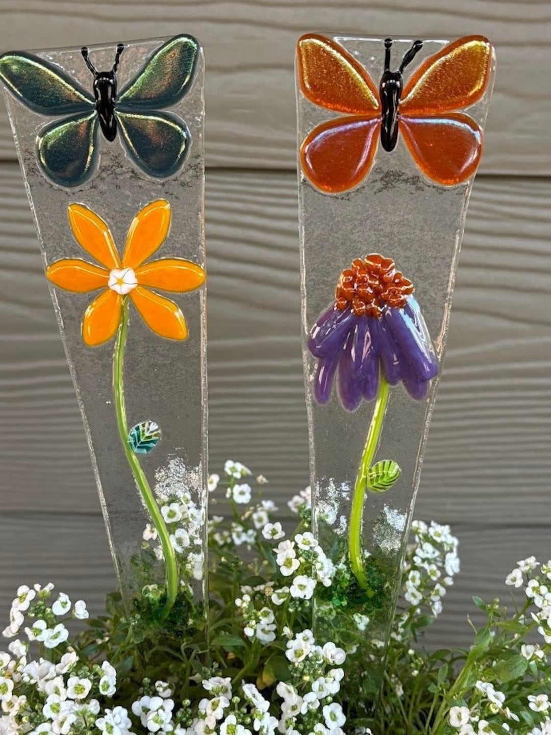 Fused Glass Butterfly Plant Stake, Flower Stake, Butterfly and Flower ...