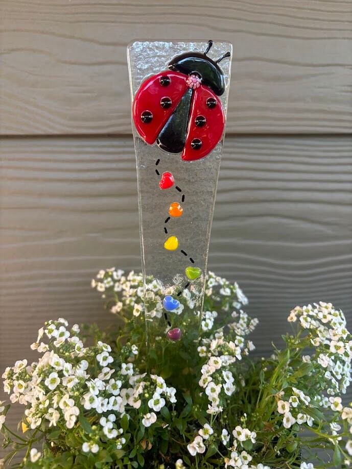 Fused Glass Ladybug Plant Stake, Flower Stake, Ladybug in Flight ...