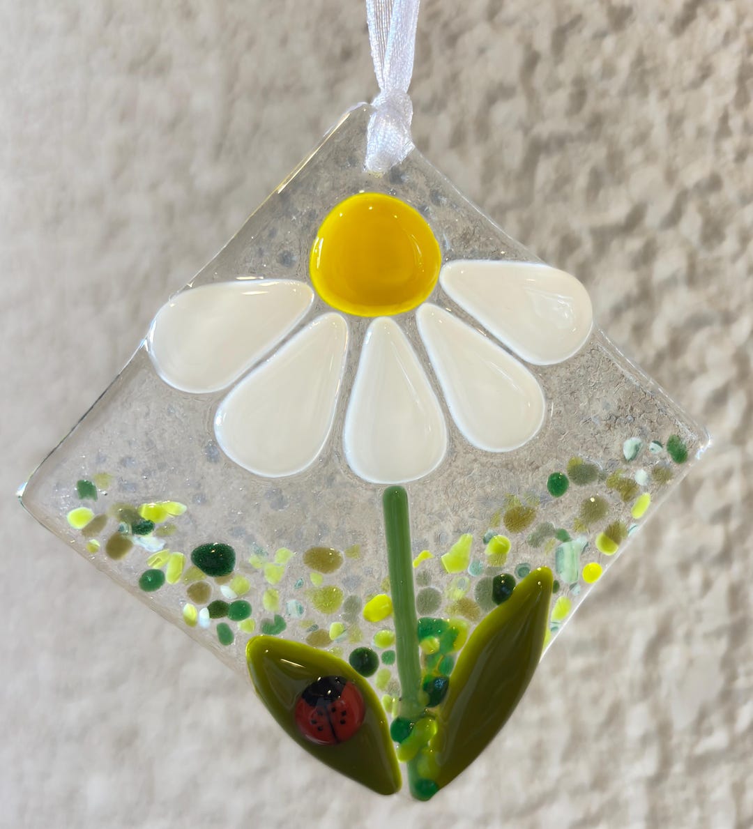 Fused Glass Daisy Suncatcher: Whimsical Garden Art With Ladybug - Etsy